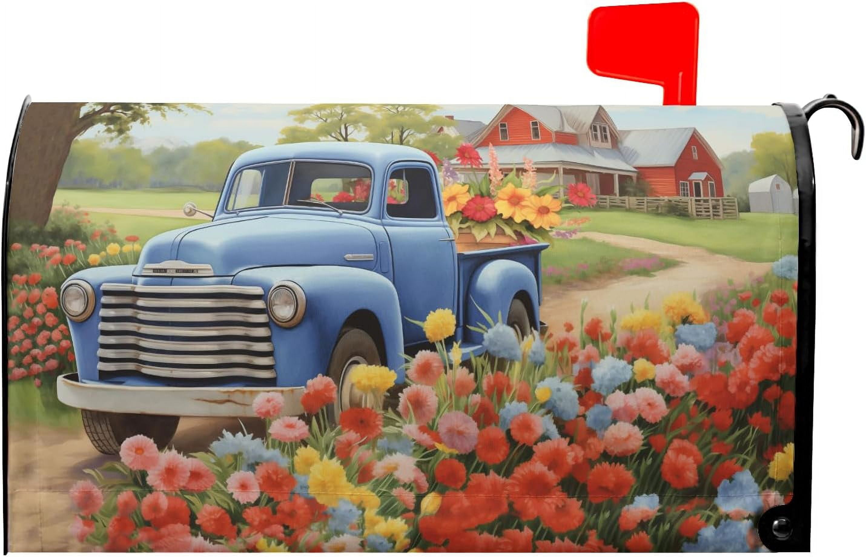 Spring Blue Truck On The Farm Mailbox Covers Magnetic Standard Size 18 ...