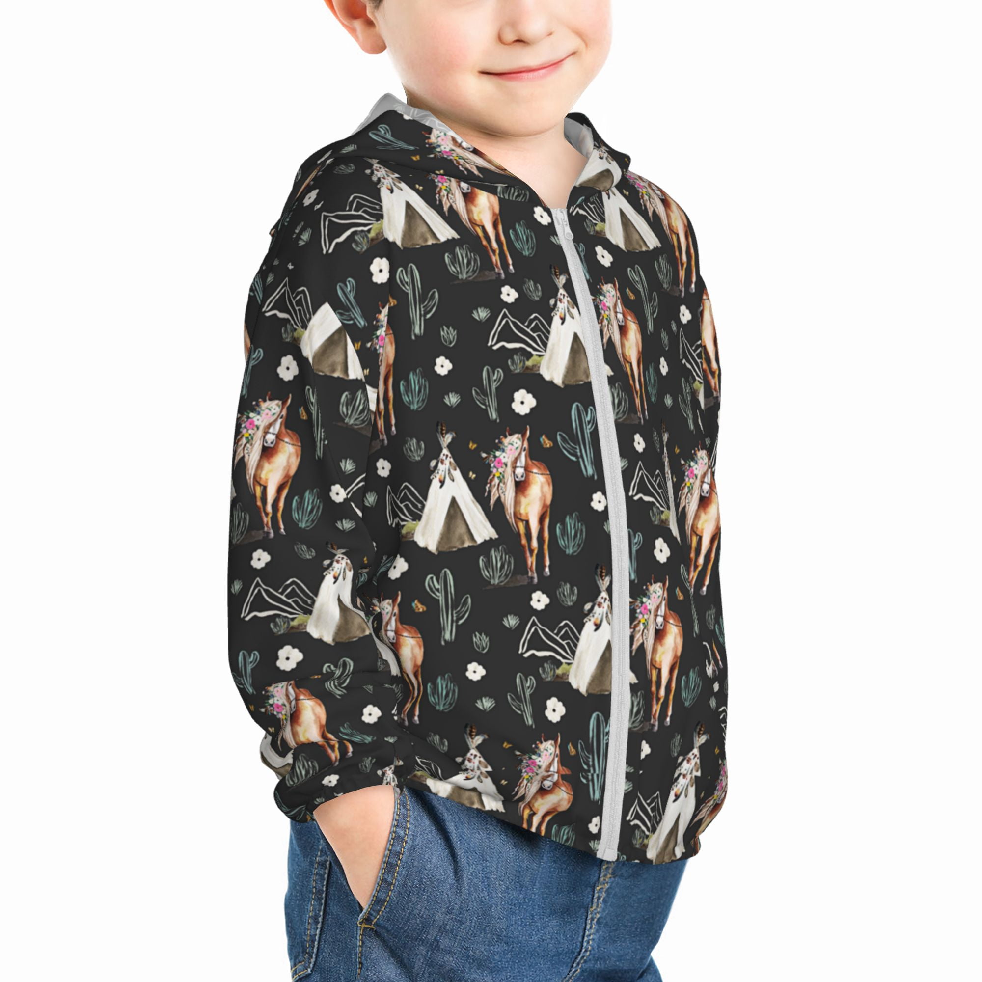 Spring Boho Floral Horse Kids Zip-Up Hoodie Girls Boys Sun Protection Jacket Hooded Cooling ...