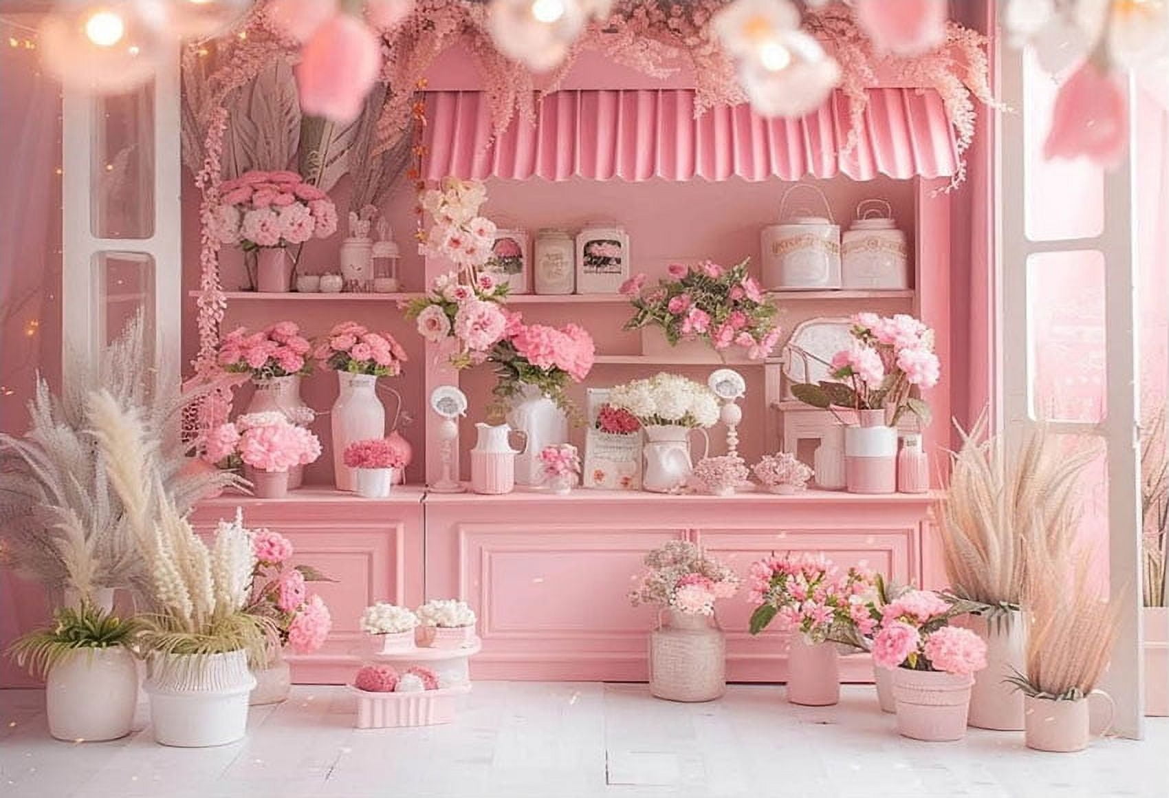 Spring Boho Pink Flower Shop Kids Birthday Party Cake Smash Portrait r ...