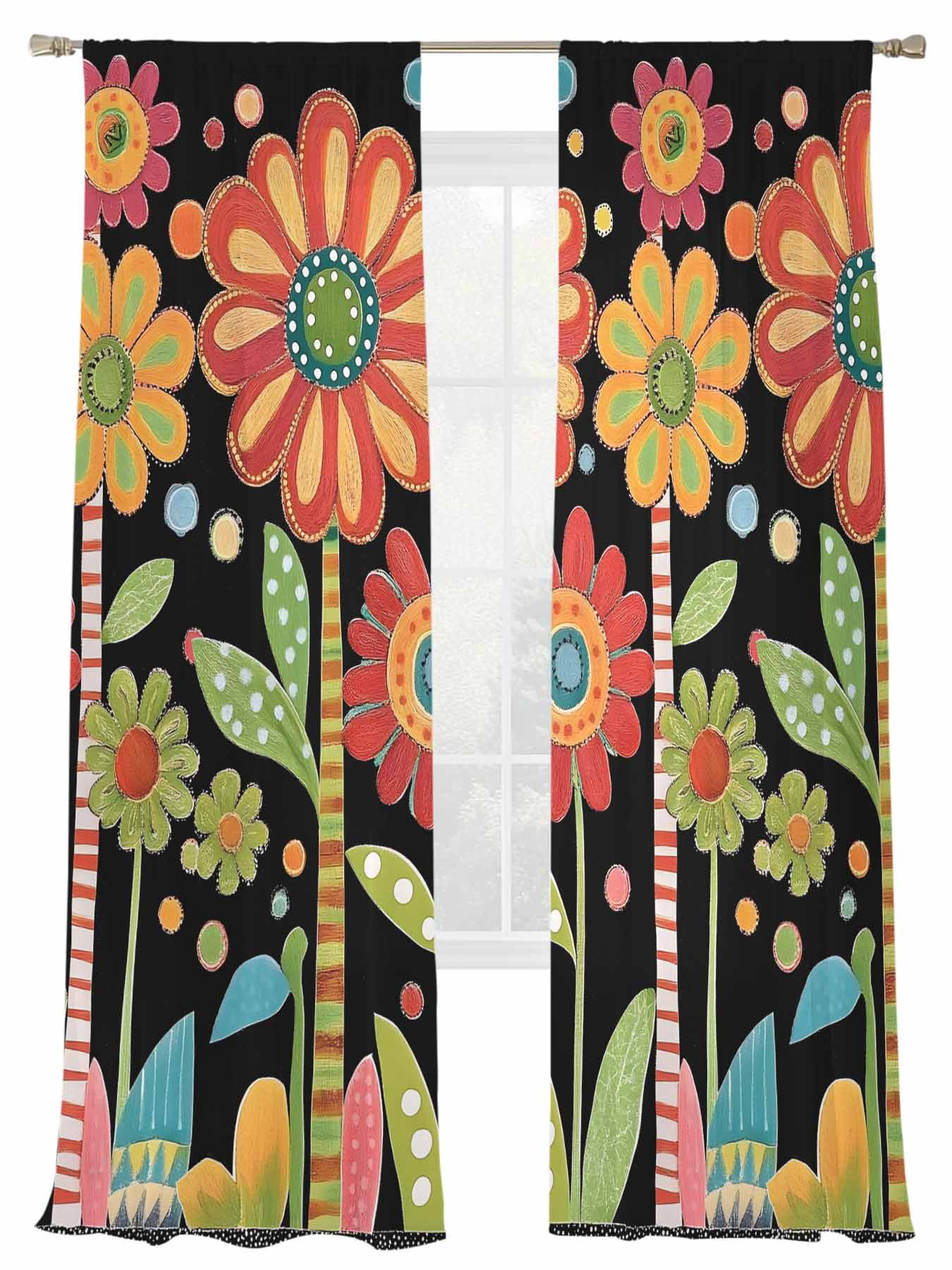 Spring Boho Sheer Curtains 2 Panels Set Red Flowers Leaves Polka Dots ...