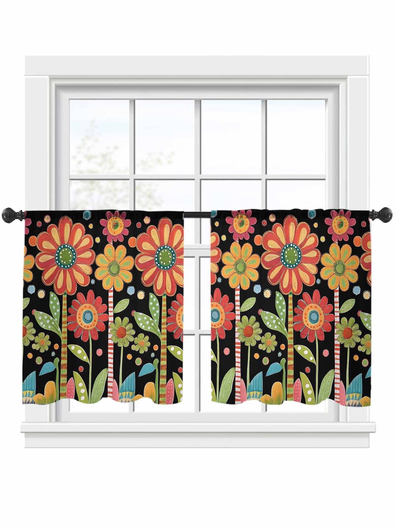 Spring Boho Sheer Curtains 2 Panels Set Red Flowers Leaves Polka Dots ...