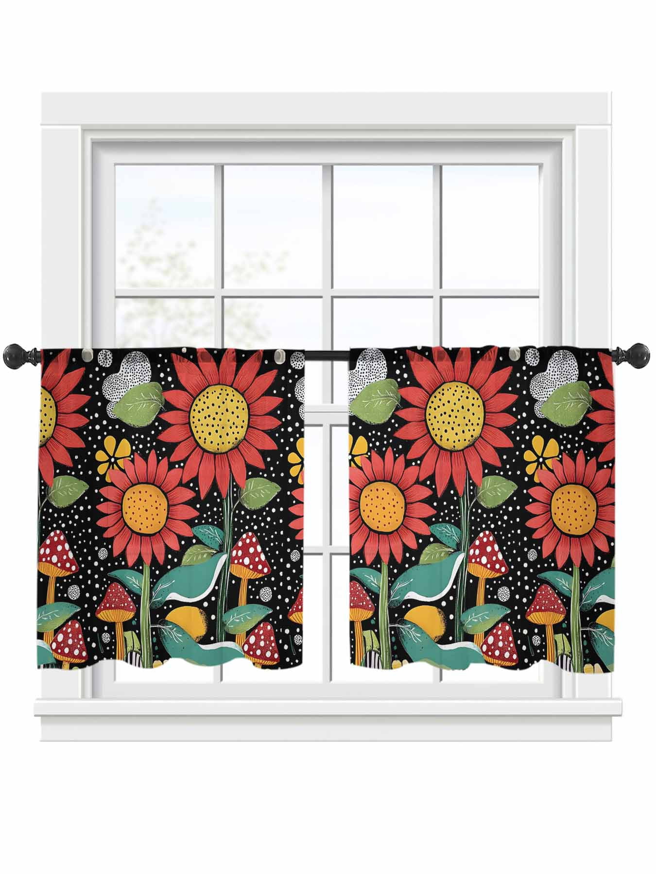 Spring Boho Sheer Curtains 2 Panels Set Red Flowers Leaves White Polka ...