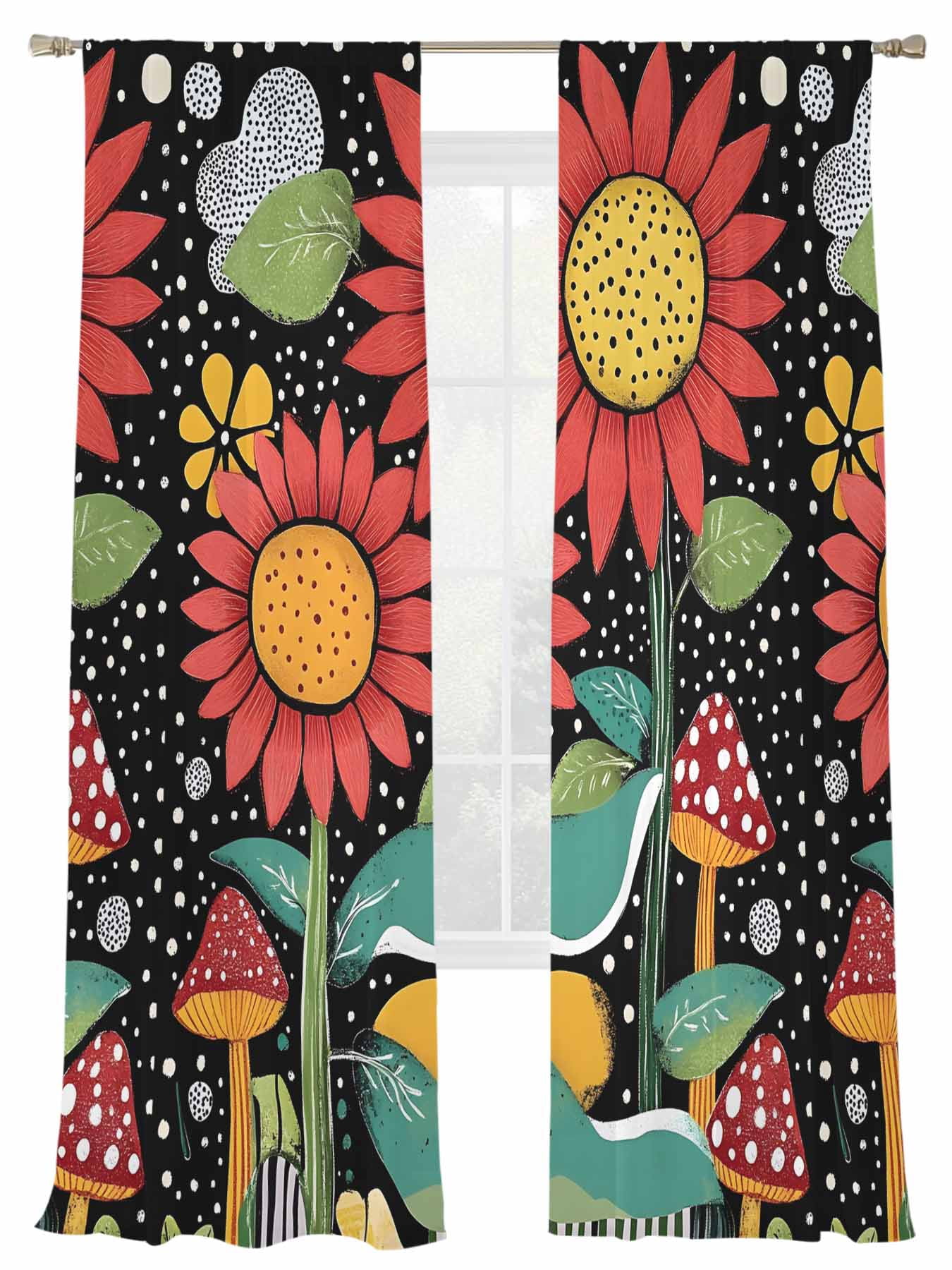Spring Boho Sheer Curtains 2 Panels Set Red Flowers Leaves White Polka ...