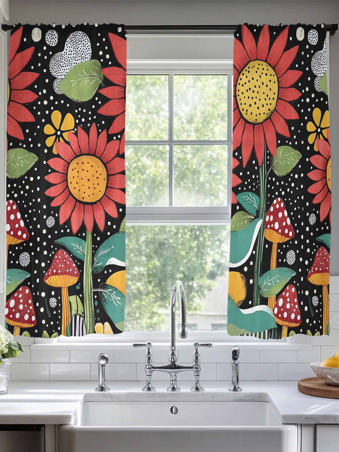 Spring Boho Sheer Curtains 72 Inches Long 2 Panels Red Flowers Leaves ...