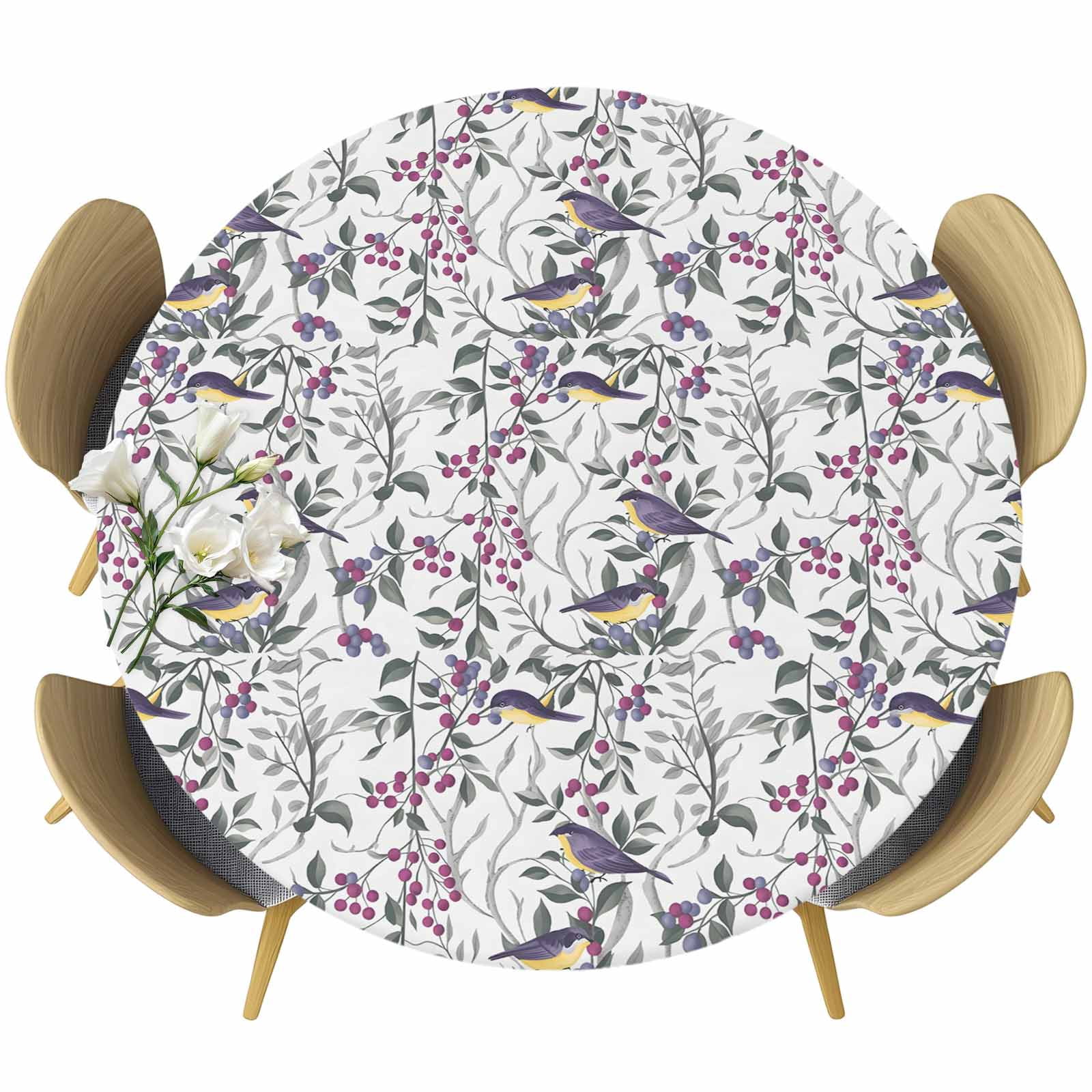 Spring Botanical Birds Round Tablecloth, Fitted Table Cover with ...