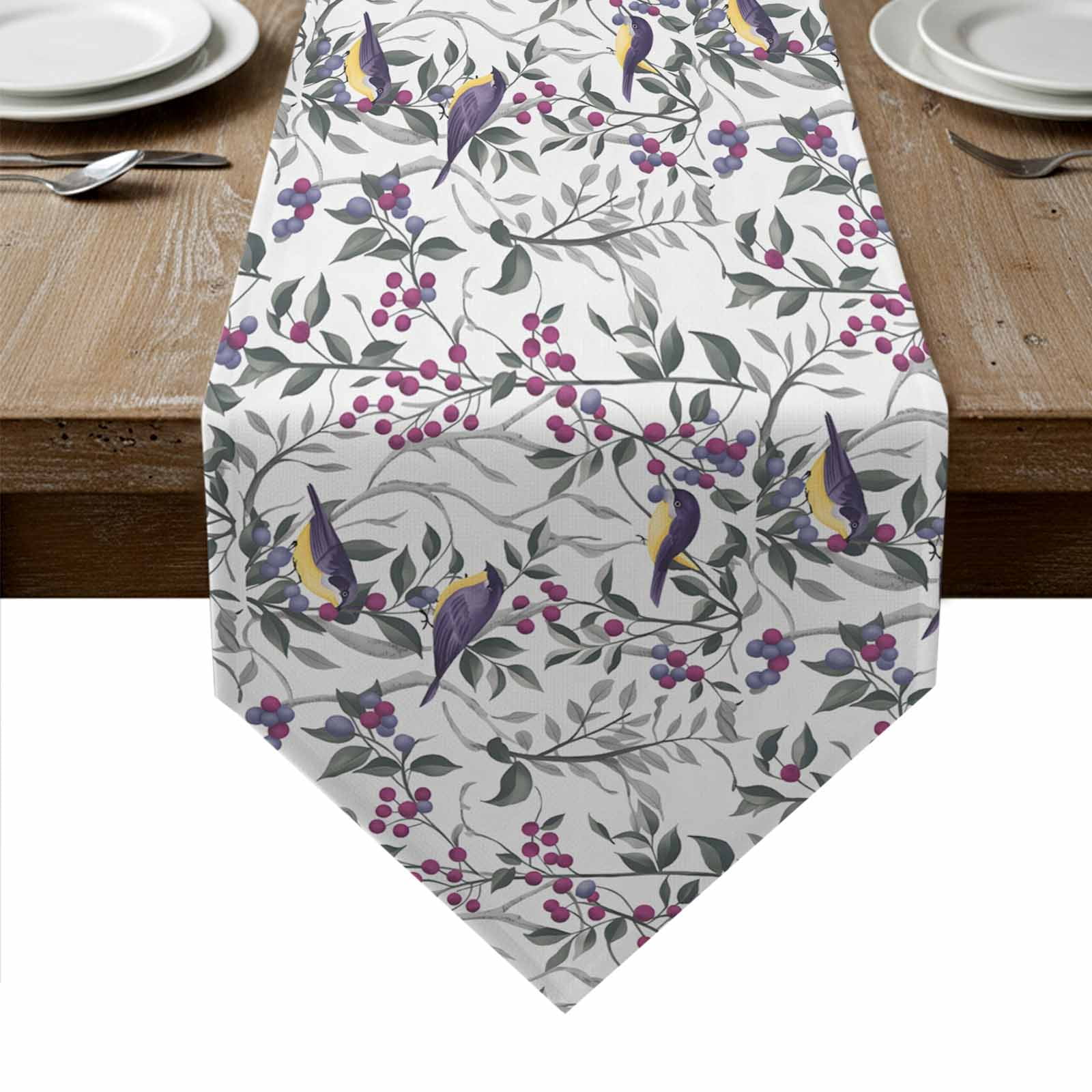 Spring Botanical Birds Table Runner Linen Burlap Table Runner 72 Inches ...