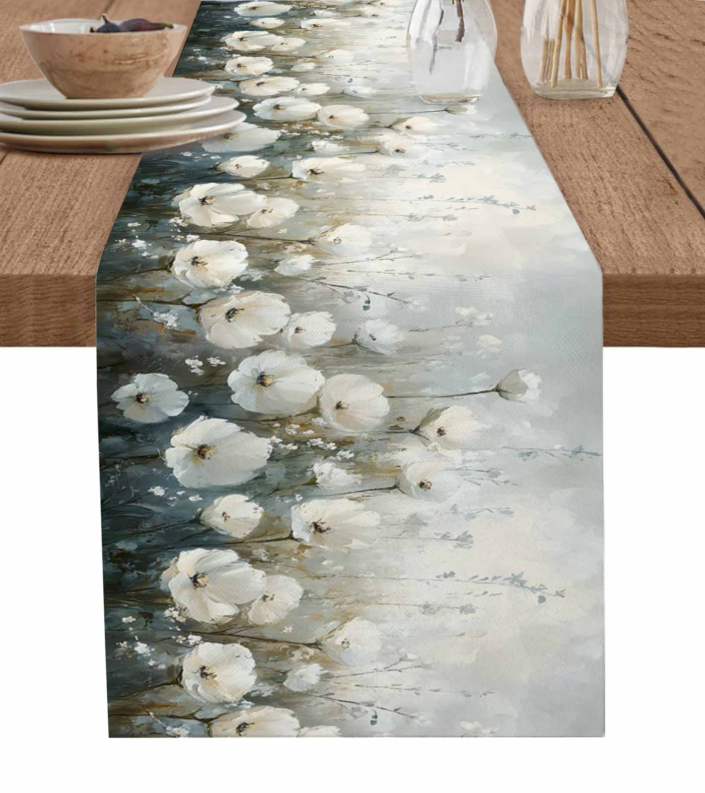 Spring Botanical Burlap Cotton Table Runner 14x72 Inches Long, Abstract ...