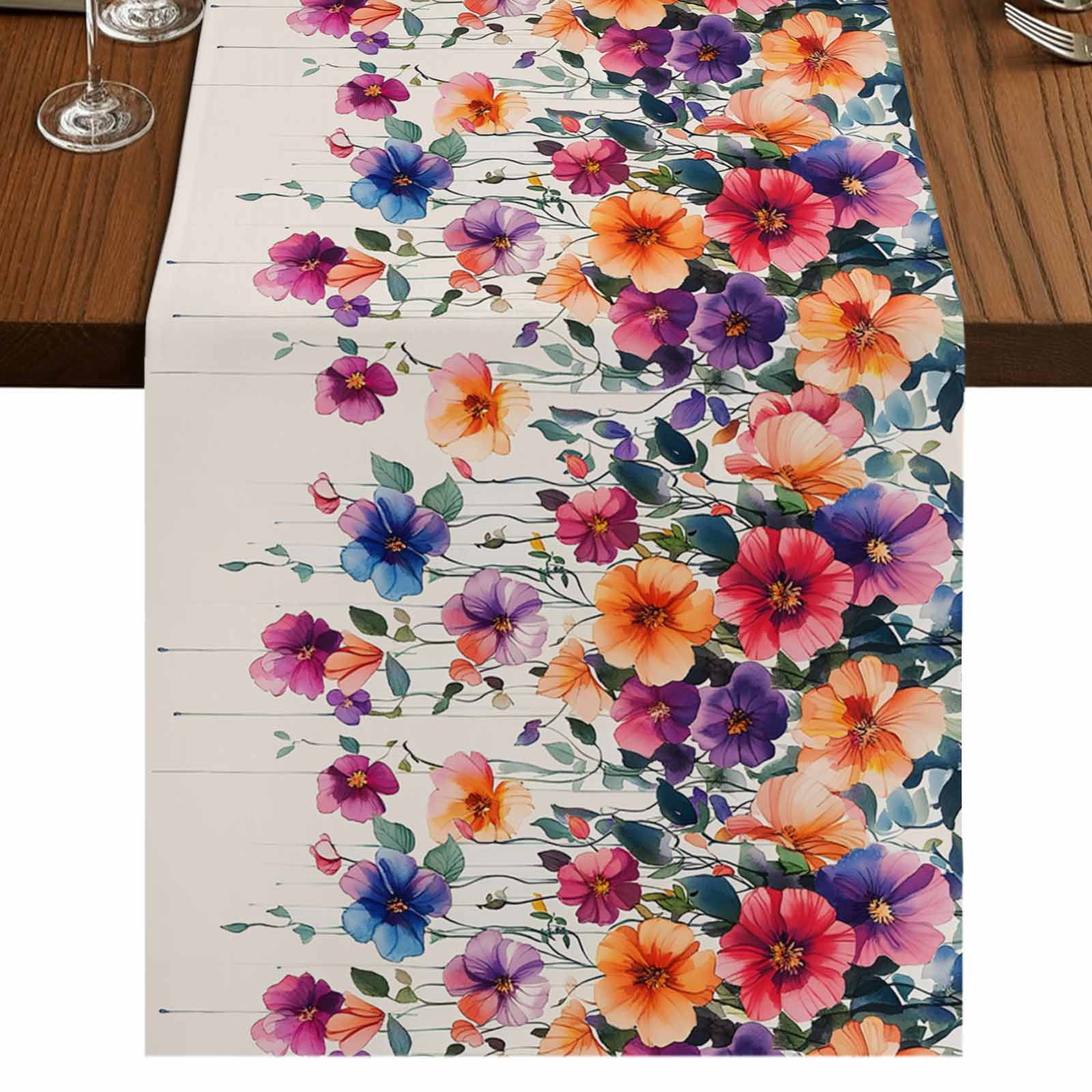 Spring Botanical Colorful 120 Inch Table Runner, Watercolor Florals ...