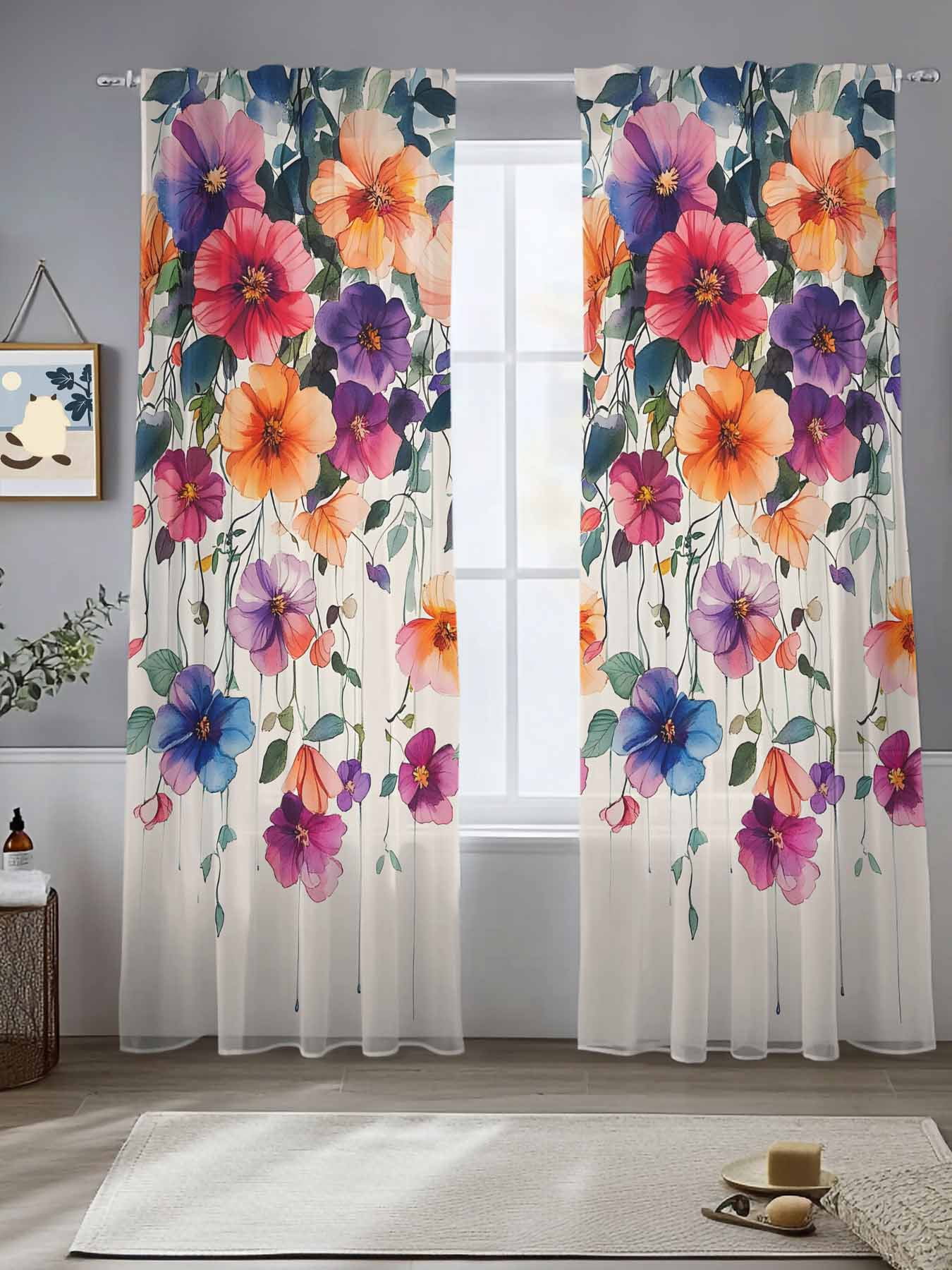 Spring Botanical Colorful Sheer Curtains for Living Room Bedroom Watercolor Florals Sheer ...