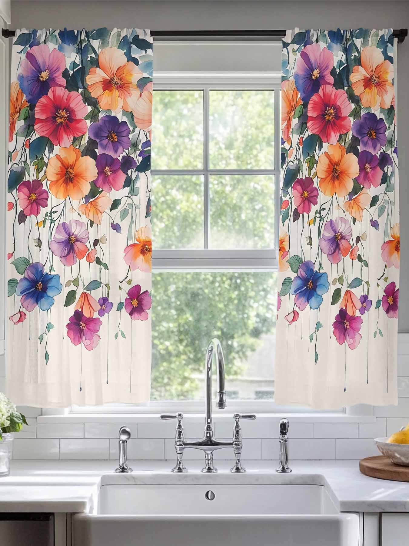 Spring Botanical Colorful Sheer Curtains for Living Room Bedroom Watercolor Florals Sheer ...