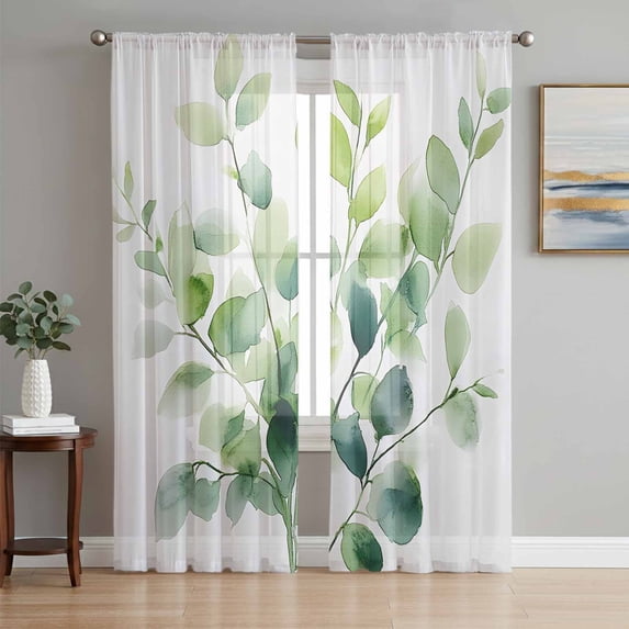 Spring Botanical Green Semi Sheer Curtains 84 Inch Length 2 Panels Set ...