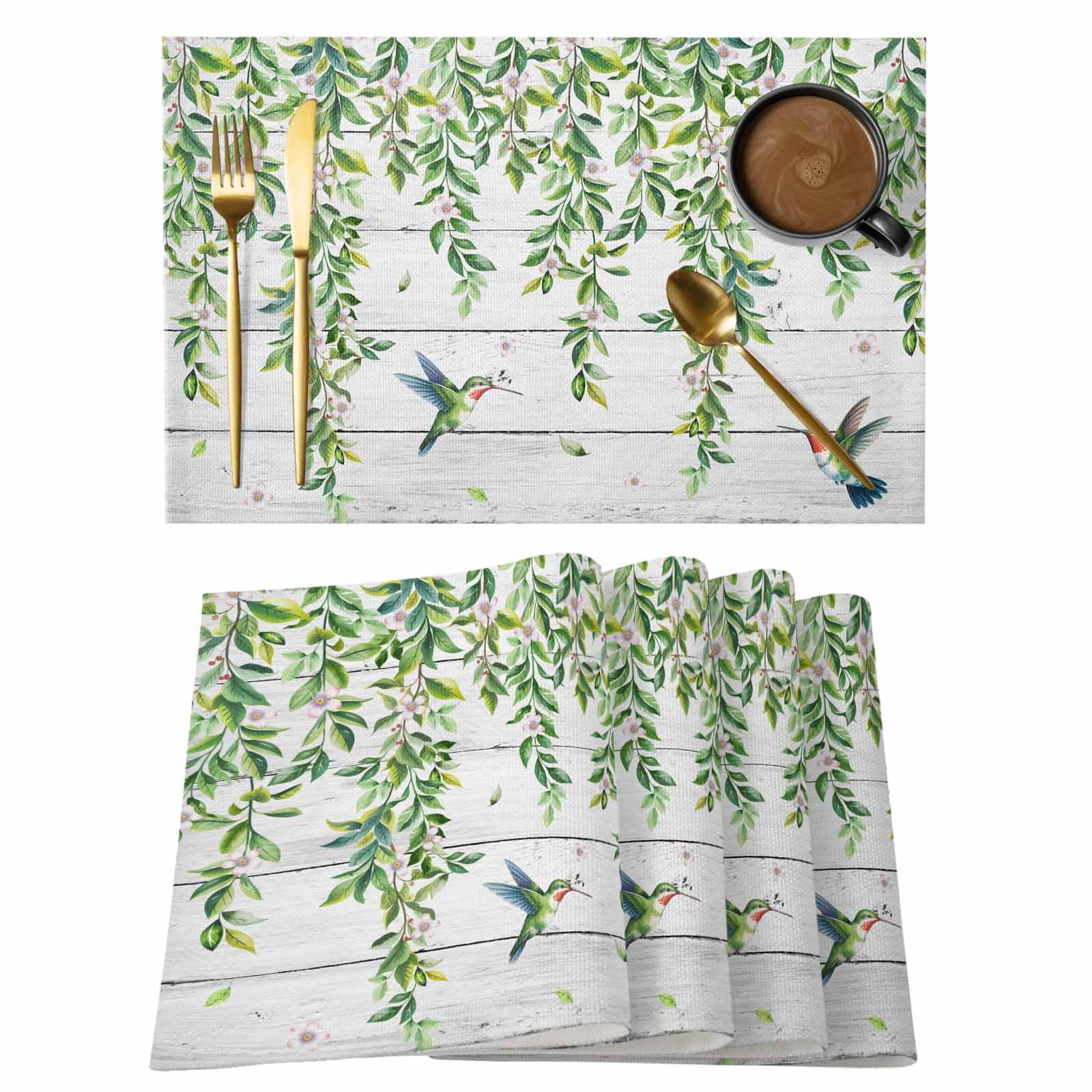 Spring Botanical Placemats Set of 4, Watercolor Leaves Flowers Birds ...