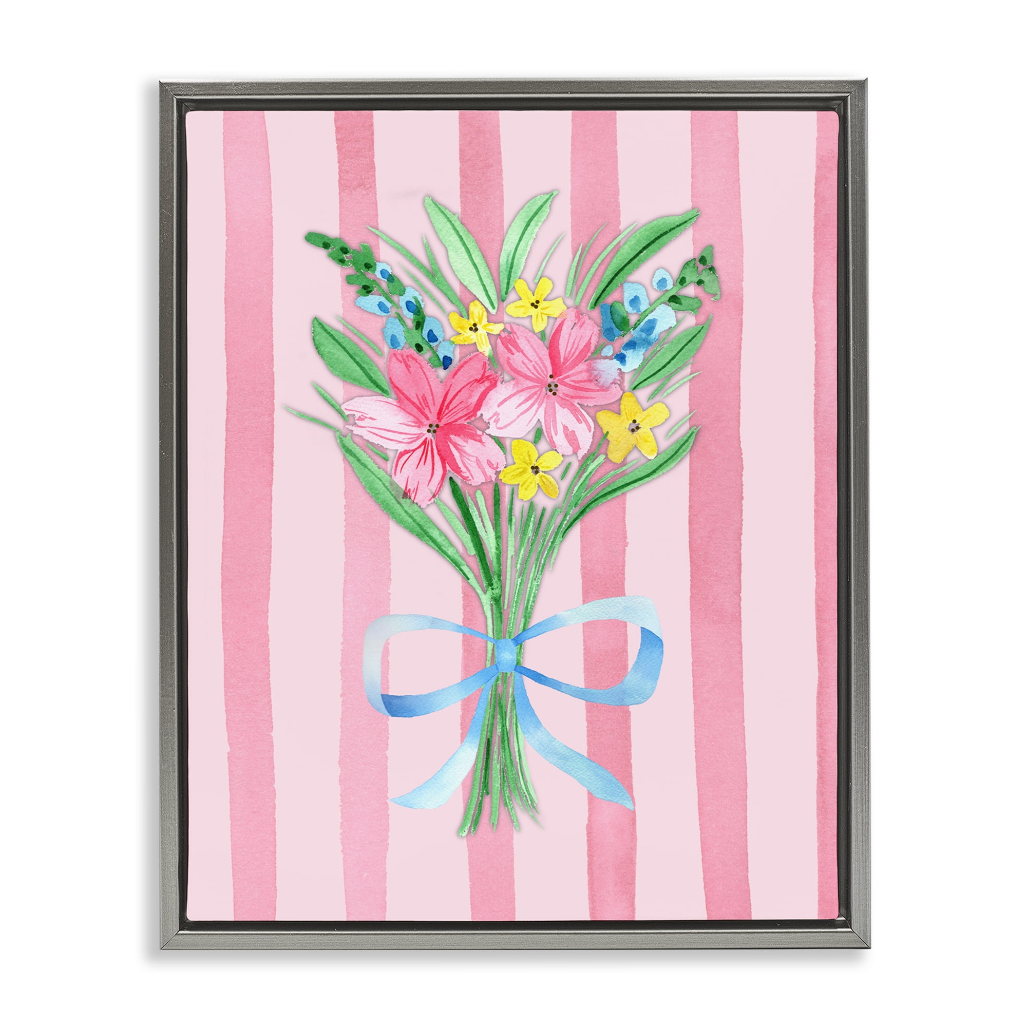 Spring Bouquet & Bow Stripes Gray Framed Floater Canvas Wall Art ...