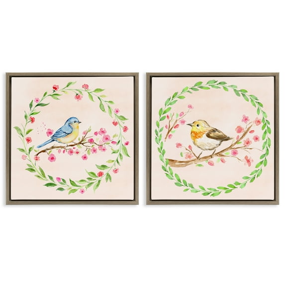 Spring Branches & Wreath Birds 2 Piece Brown Framed Floater Canvas Set ...