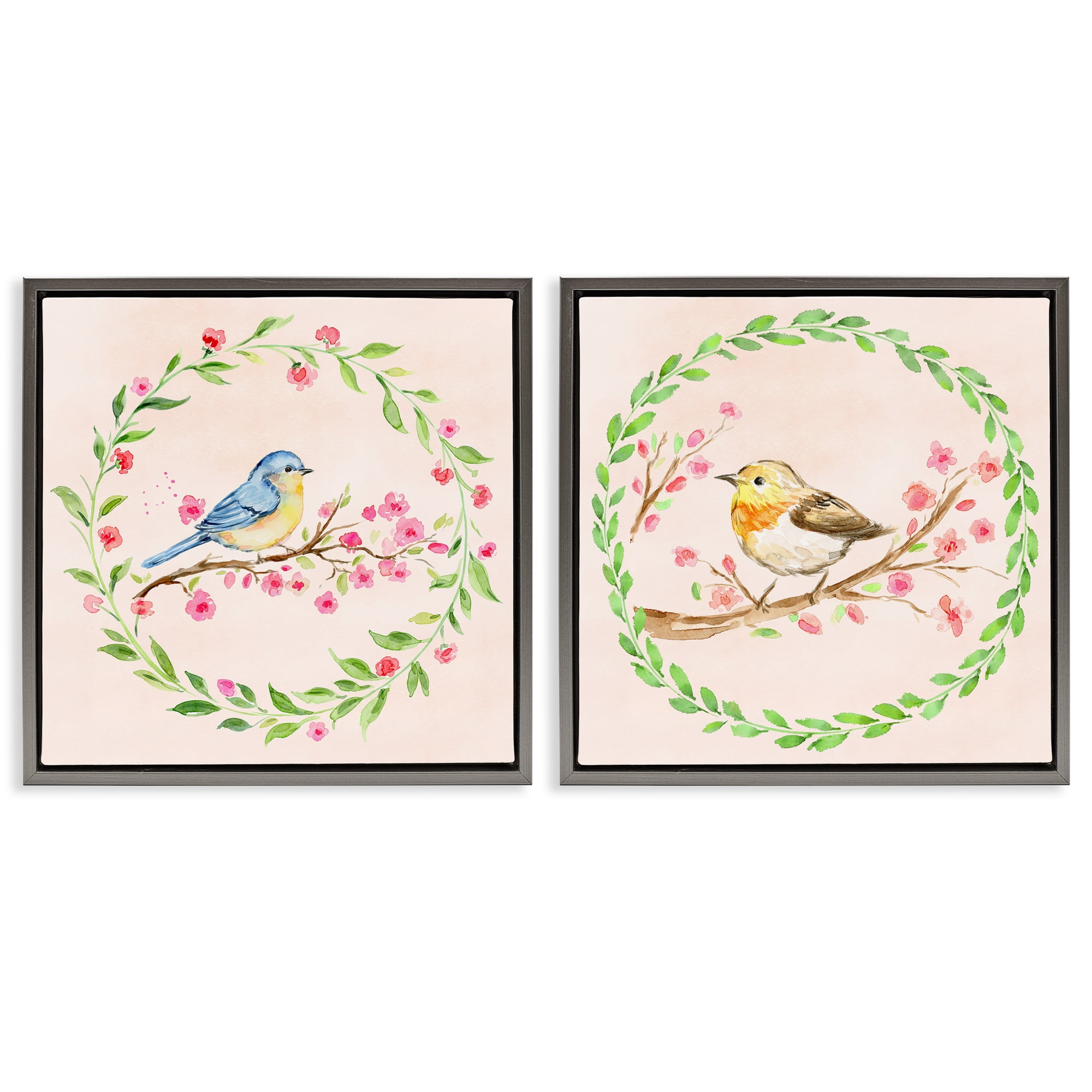 Spring Branches & Wreath Birds 2 Piece Gray Framed Floater Canvas Set ...