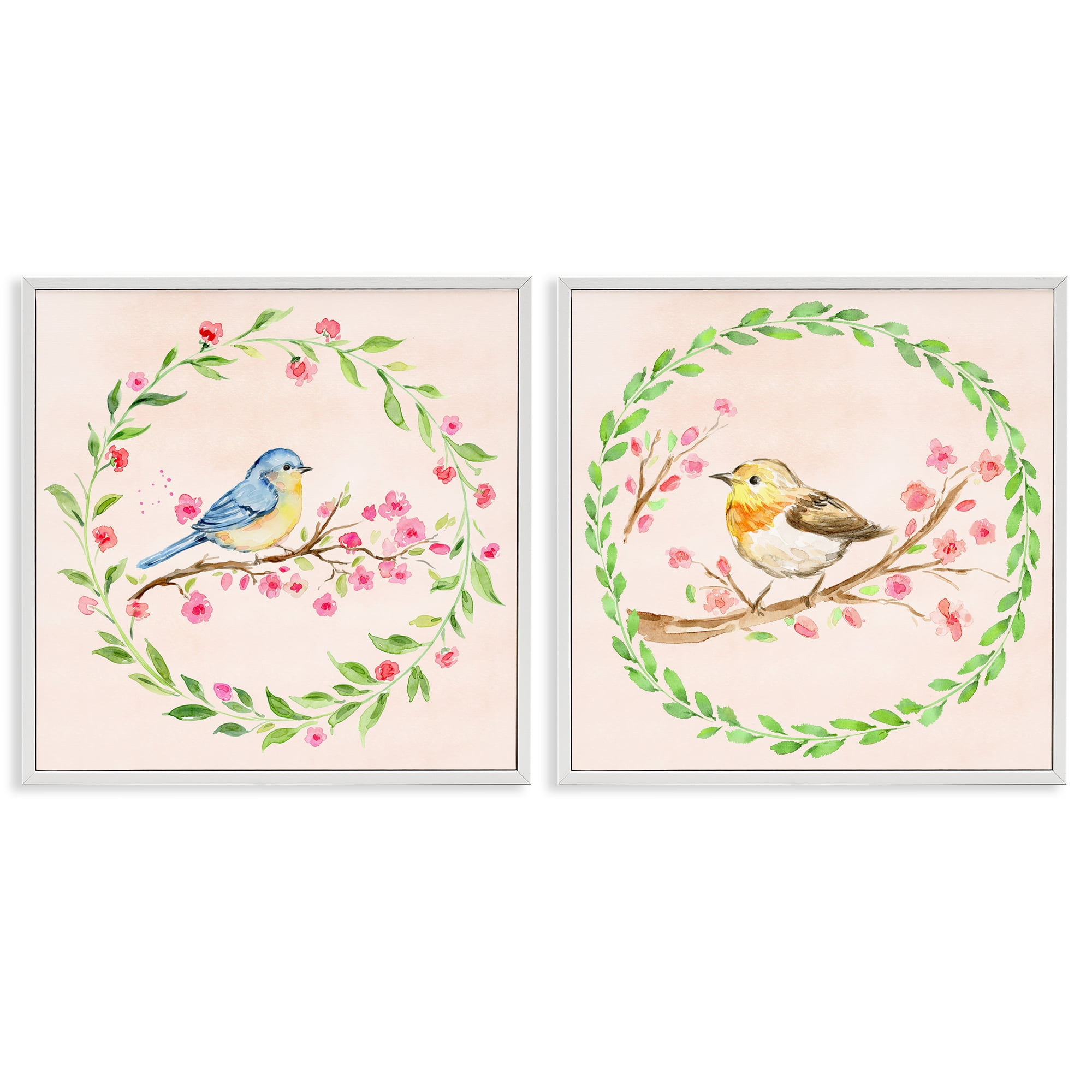 Spring Branches & Wreath Birds 2 Piece White Framed Giclee Art Set ...