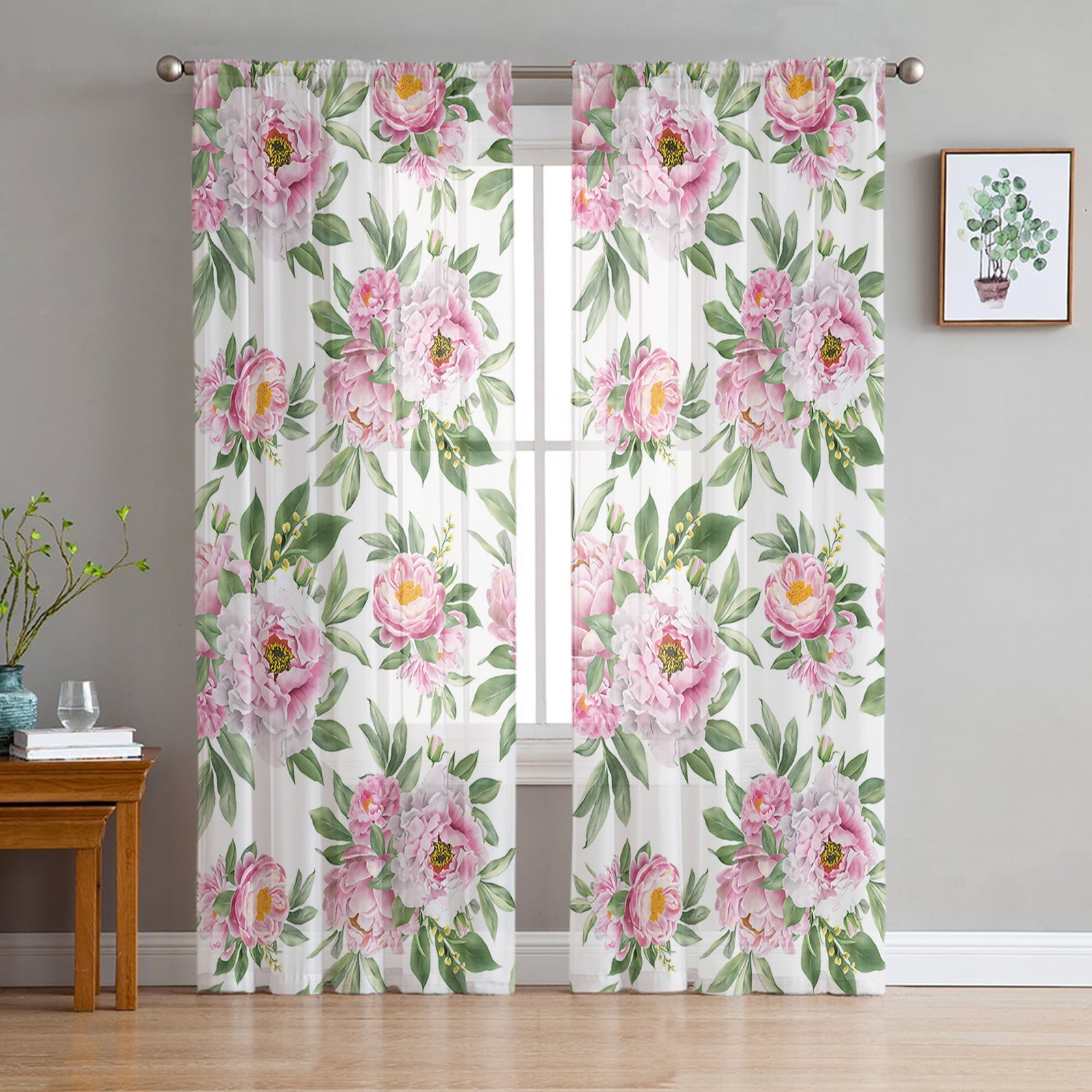 Spring Brown Background Peach Blossom Tulle Curtains for Living Room ...