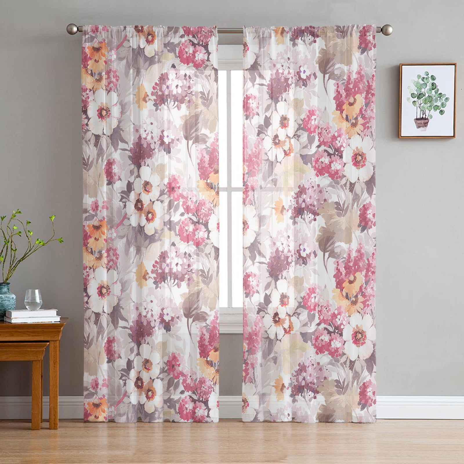 Spring Brown Background Peach Blossom Tulle Curtains for Living Room ...