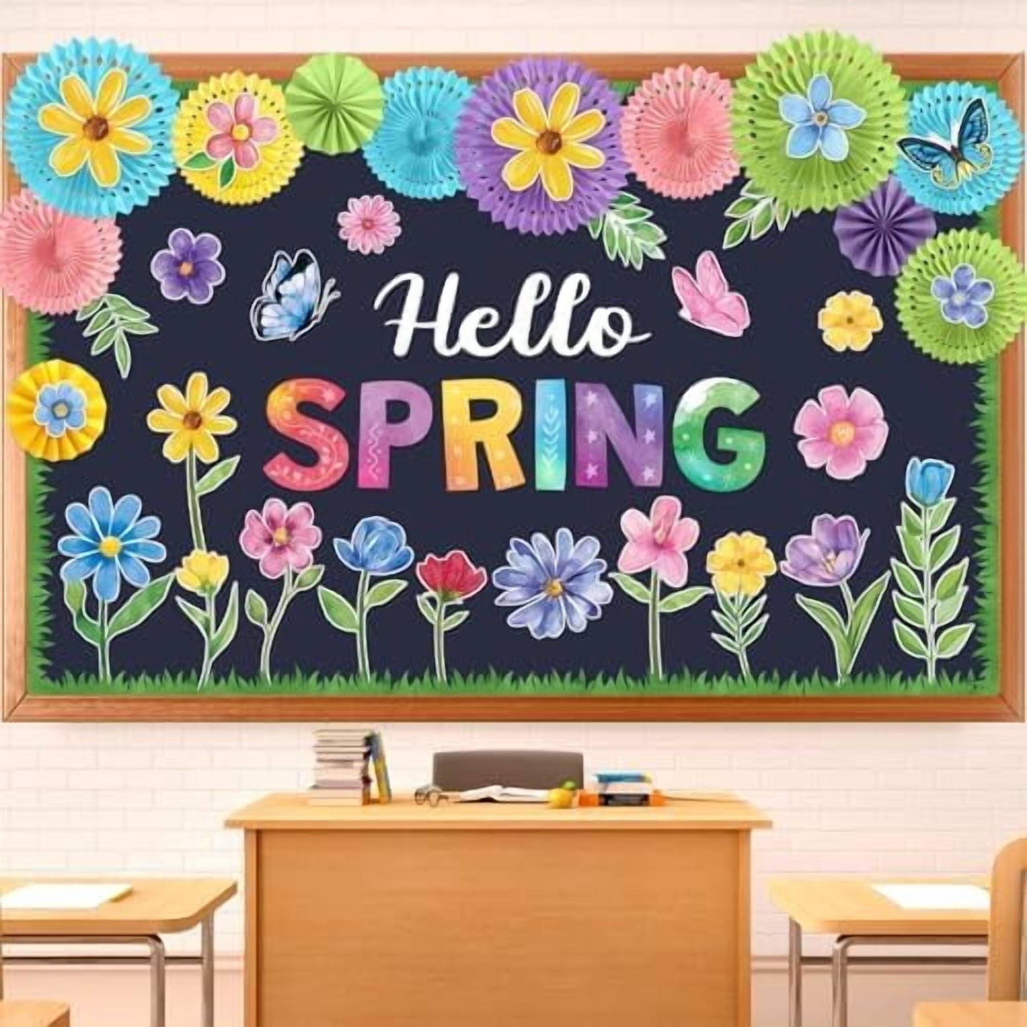 Spring Bulletin Board Set Hello Spring Flowers Cutouts Paper Fans ...