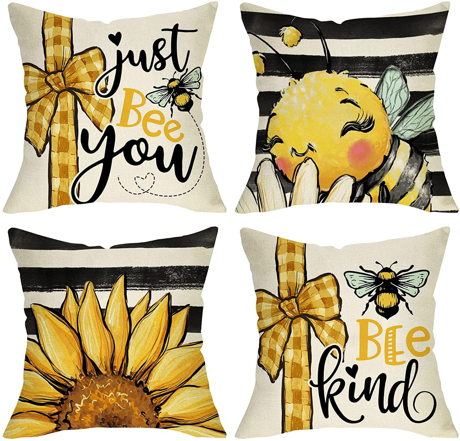 Spring Bumble Bee Sunflower Decorative Throw Pillow Covers 18x18inch ...