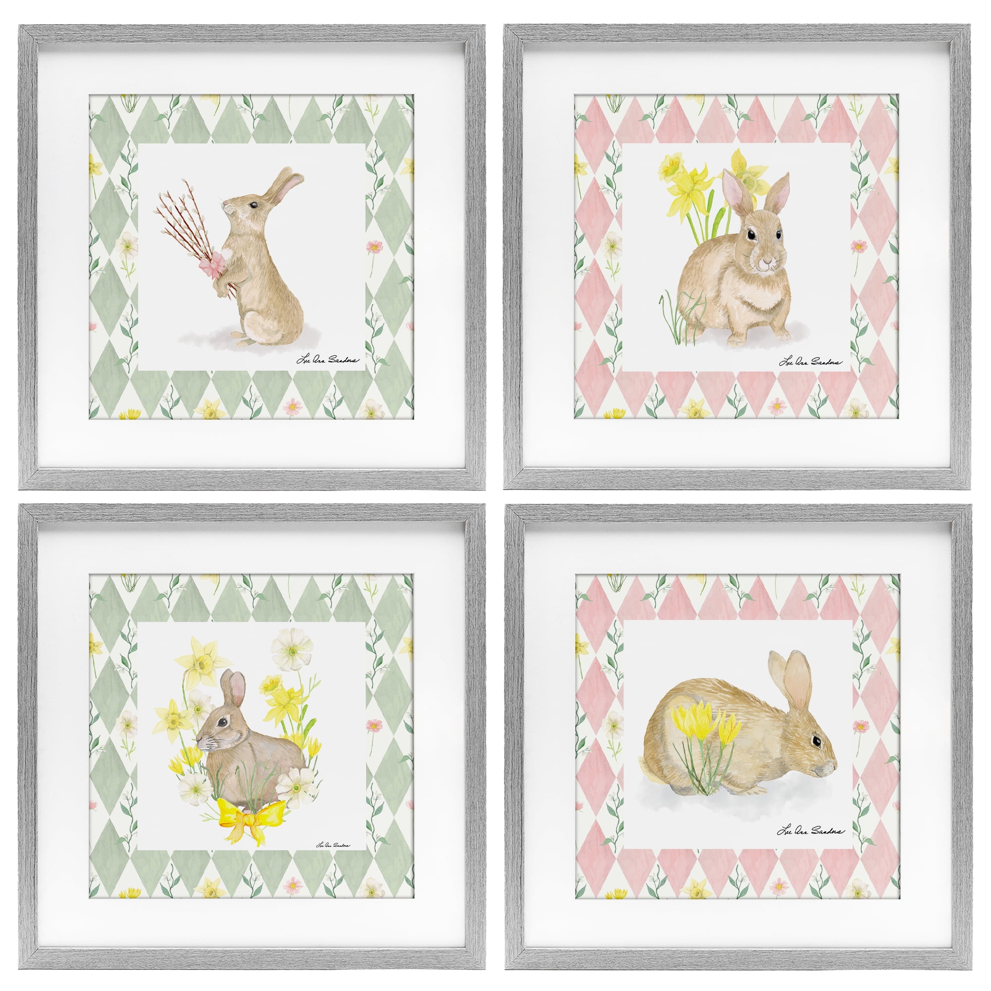 Spring Bunnies on Argyle 4 Piece Gray Framed Print Under Glass Set ...