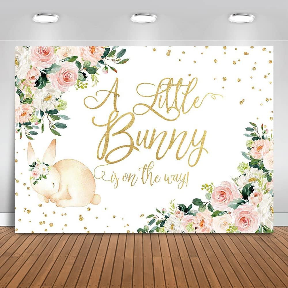 Spring Bunny Baby Shower Backdrop A Little Bunny is On The Way Background Pink Floral Rabbit ...