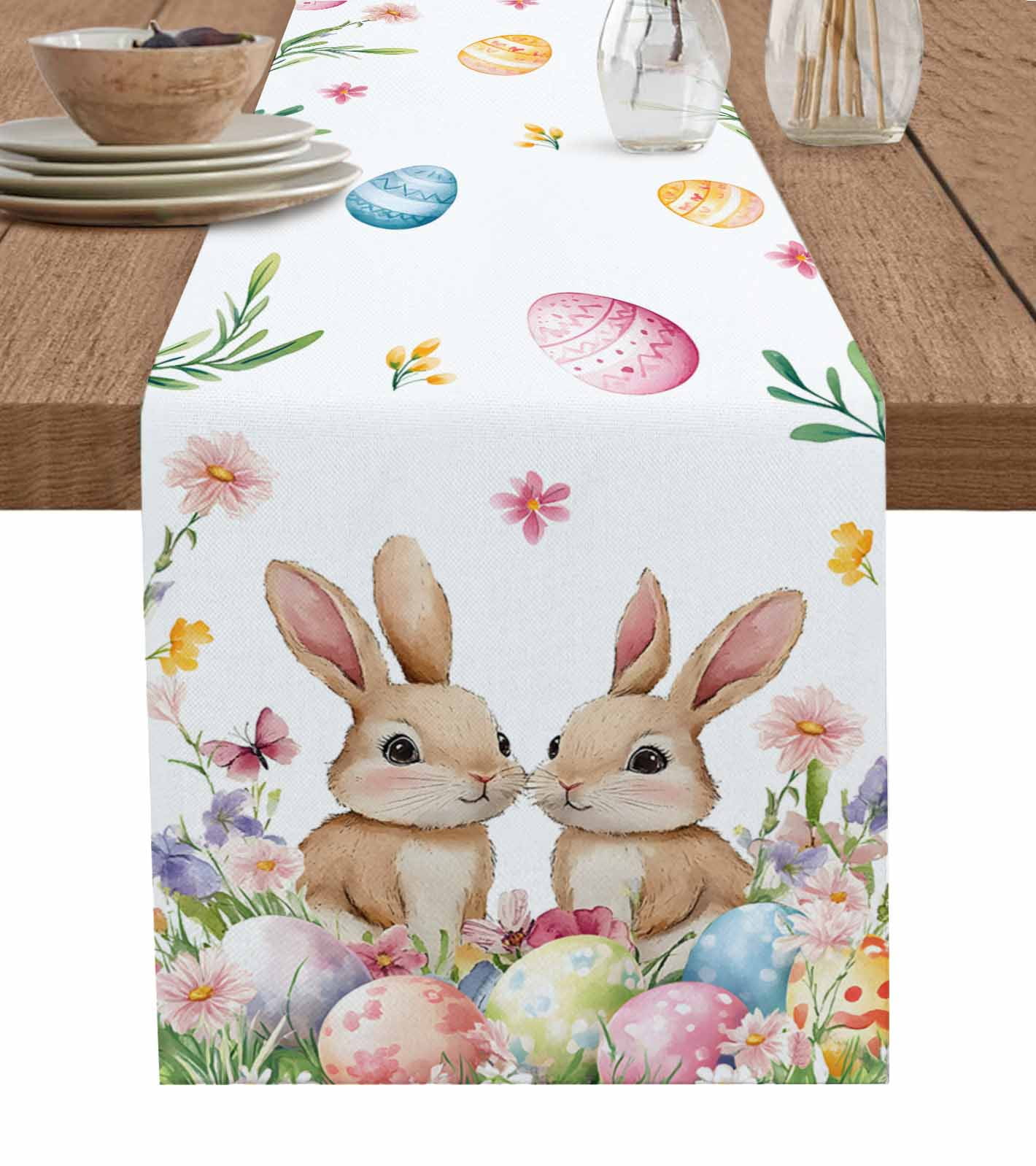 Spring Bunny Easter Table Runner Floral Botanical Colorful Eggs ...