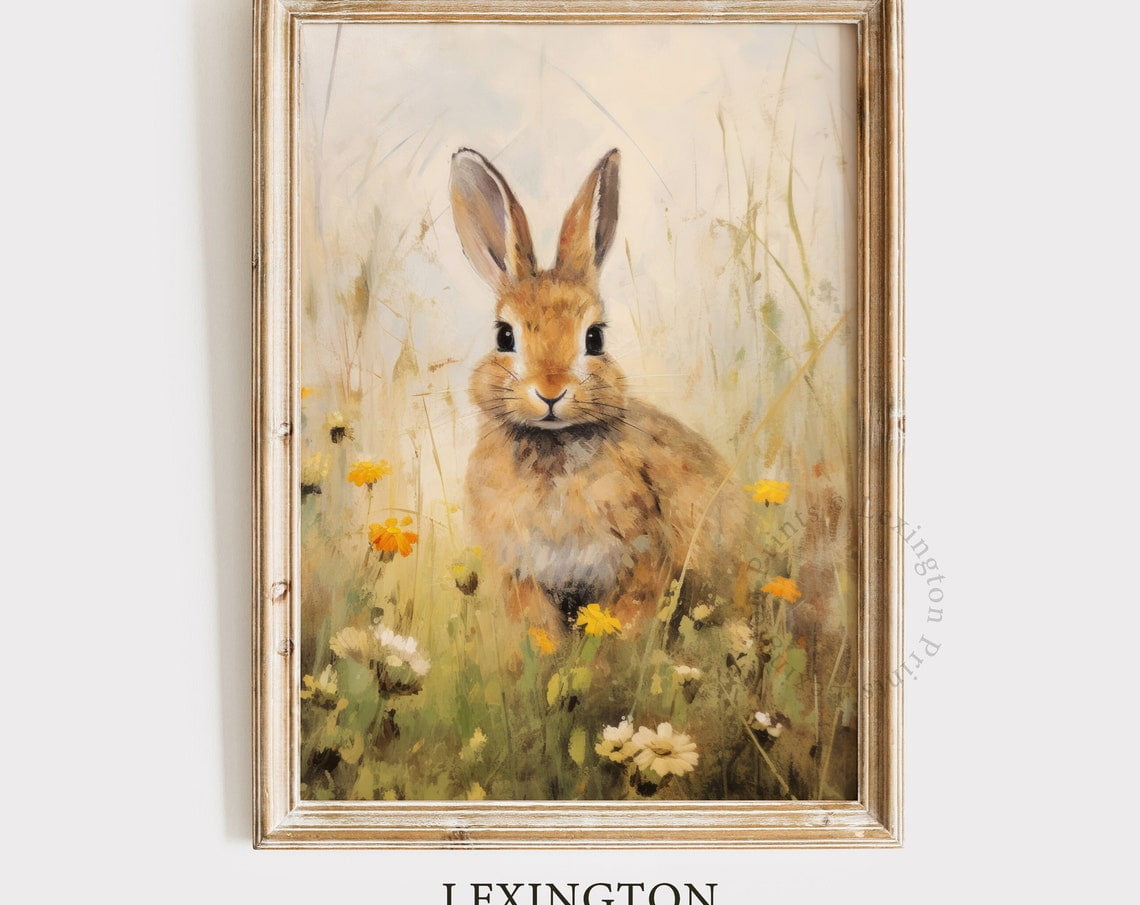 Spring Bunny Rabbit , Wildflower Field Art Easter Print, Vintage Rabbit ...