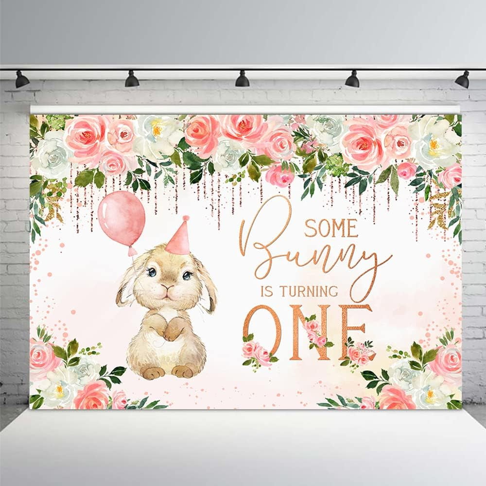 Spring Bunny Theme Gril One Birthday Backdrop Rabbit Some Bunny is ...