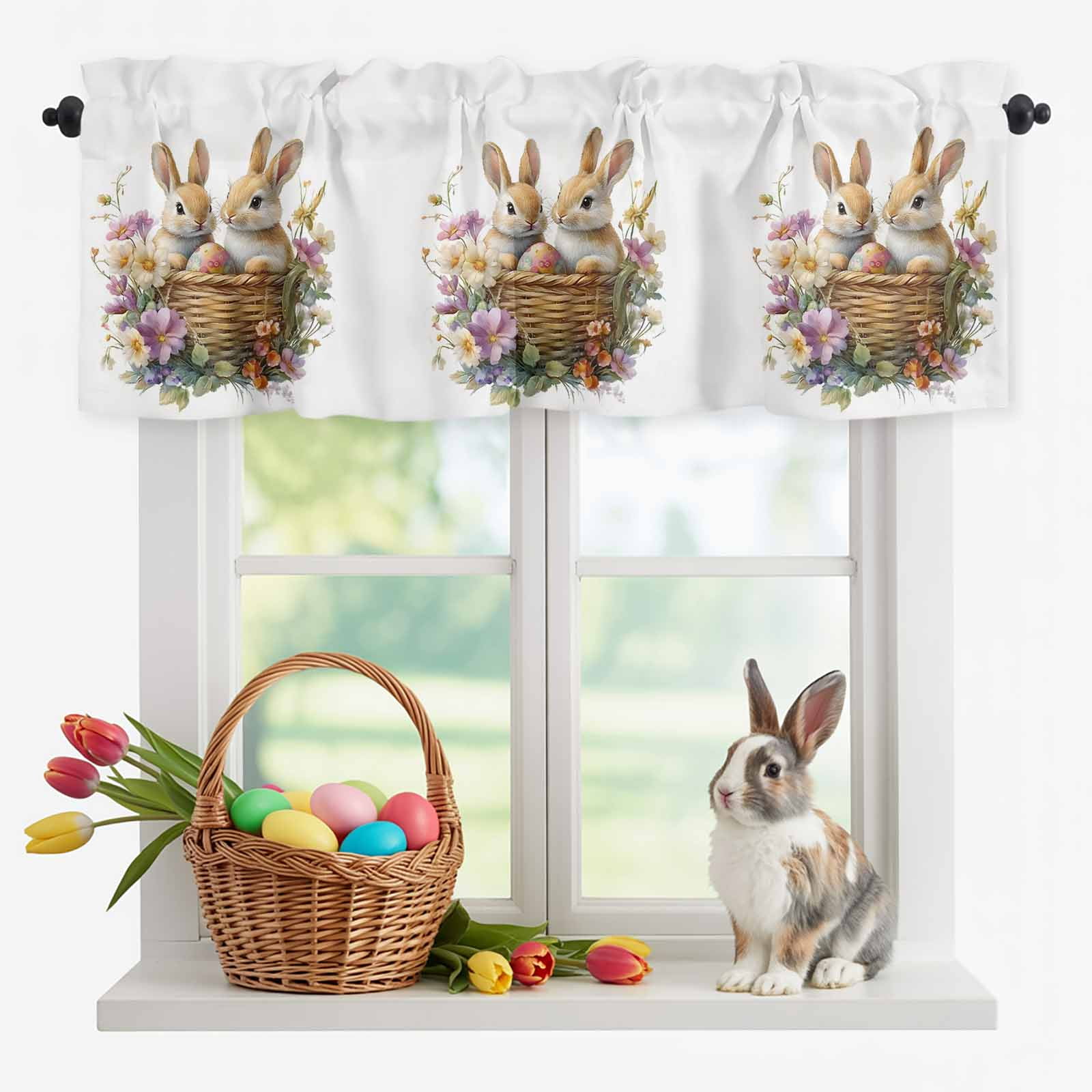 Spring Bunny Valances for Windows, Watercolor Basket Yellow Rabbits Egg ...