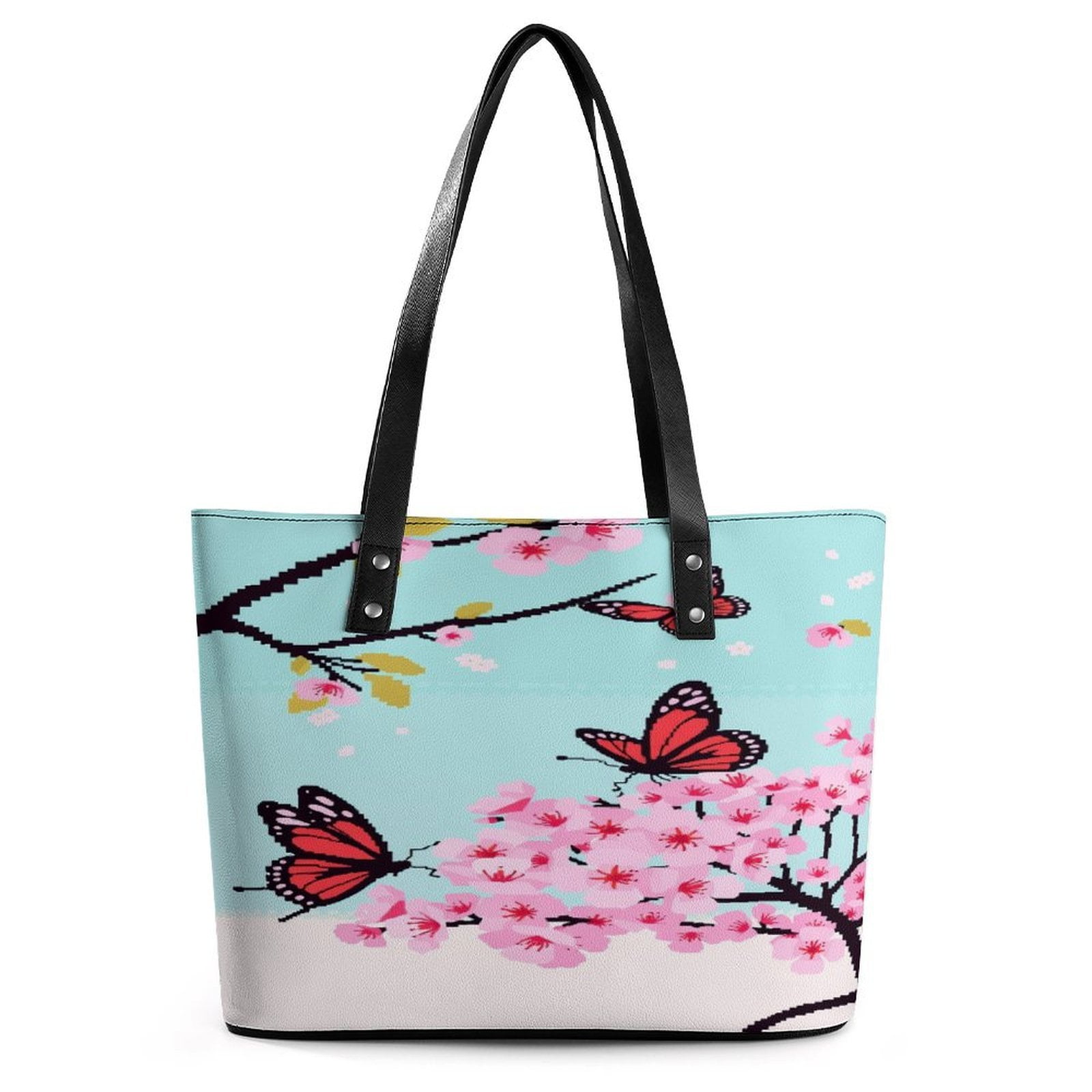 Spring Butterflies Blossom Handbags Top-Handle Tote Bag PU Leather ...