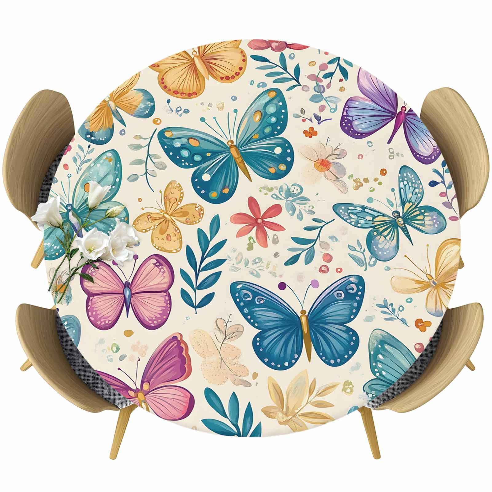 Spring Butterflies Round Tablecloth 55-60 Inch Round Fitted Table Cloth ...
