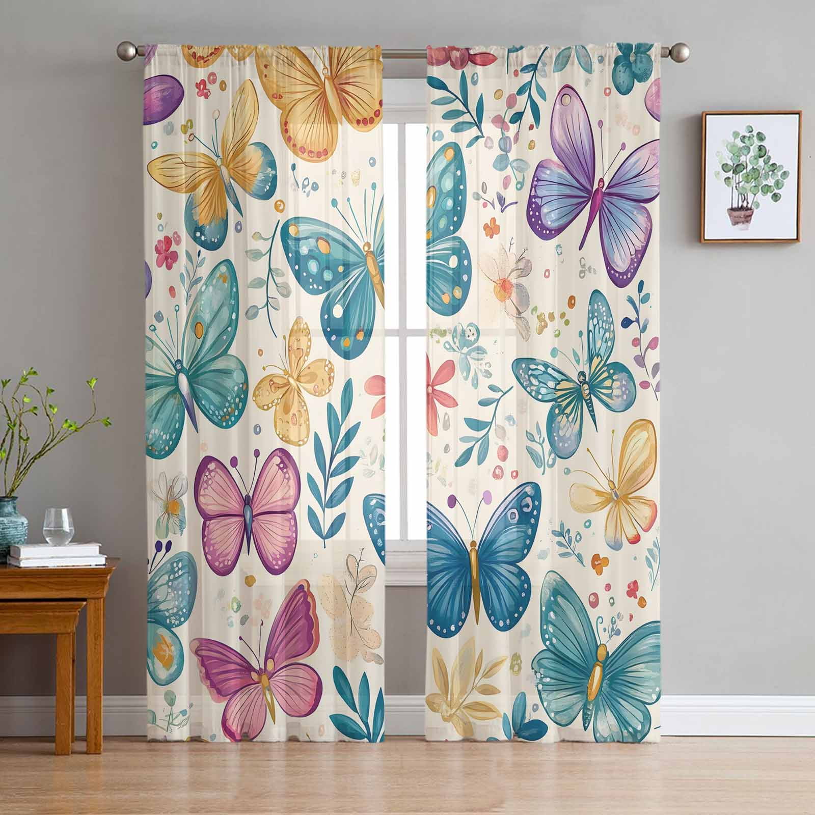 Spring Butterflies Sheer Curtains 84 Inches Long 2 Panels Set, Window ...