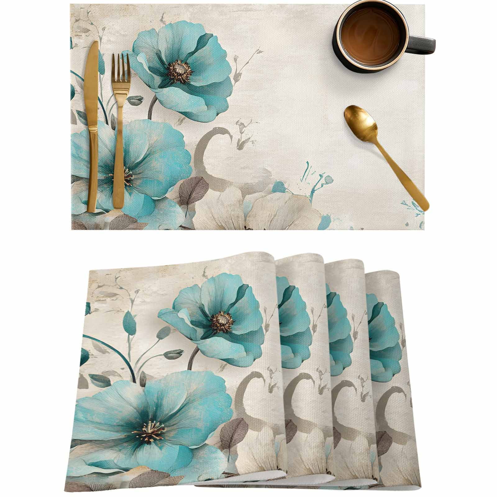 Spring Butterfly Blue Flower Watercolor Placemats Set of 4,Wipeable ...