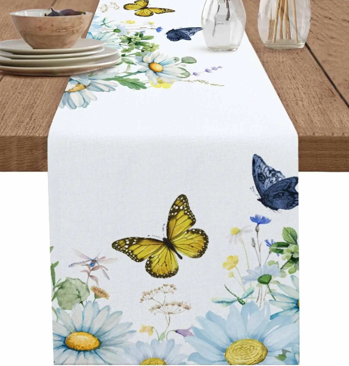 Spring Butterfly Floral Linen Table Runner Summer Daisy Flower Dresser ...
