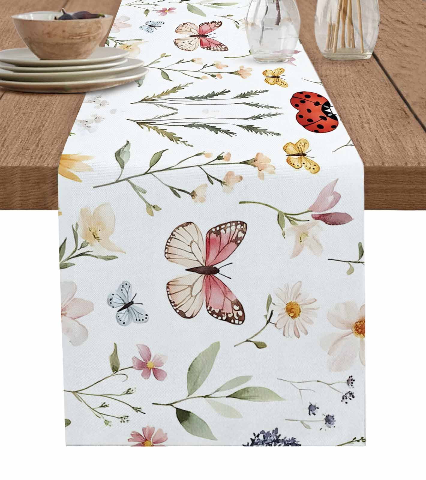 Spring Butterfly Floral Table Runner 72 Inches, Pastoral Botanical ...