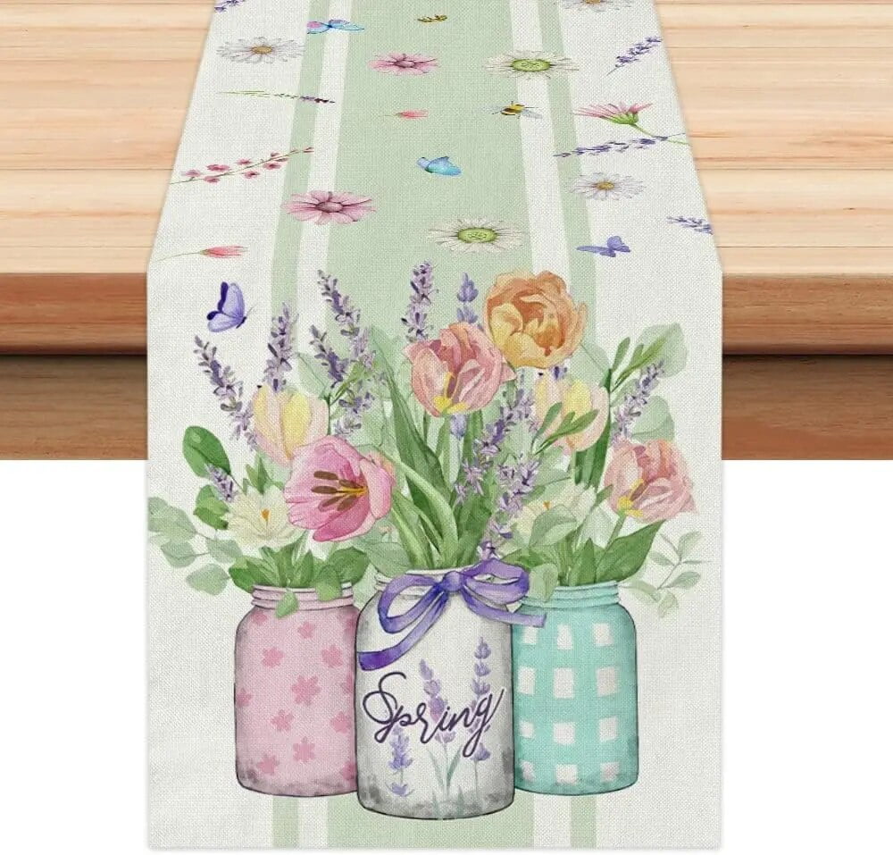 Spring Butterfly Flower Vase Linen Table Runners Dresser Scarf Dining ...
