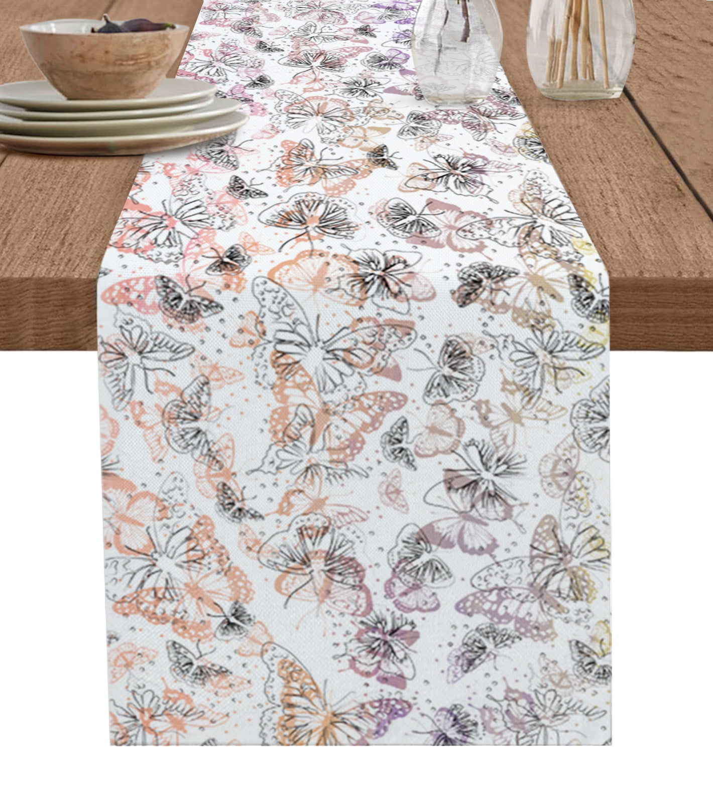 Spring Butterfly Hand-Painted Watercolor Table Runner ration Home r ...
