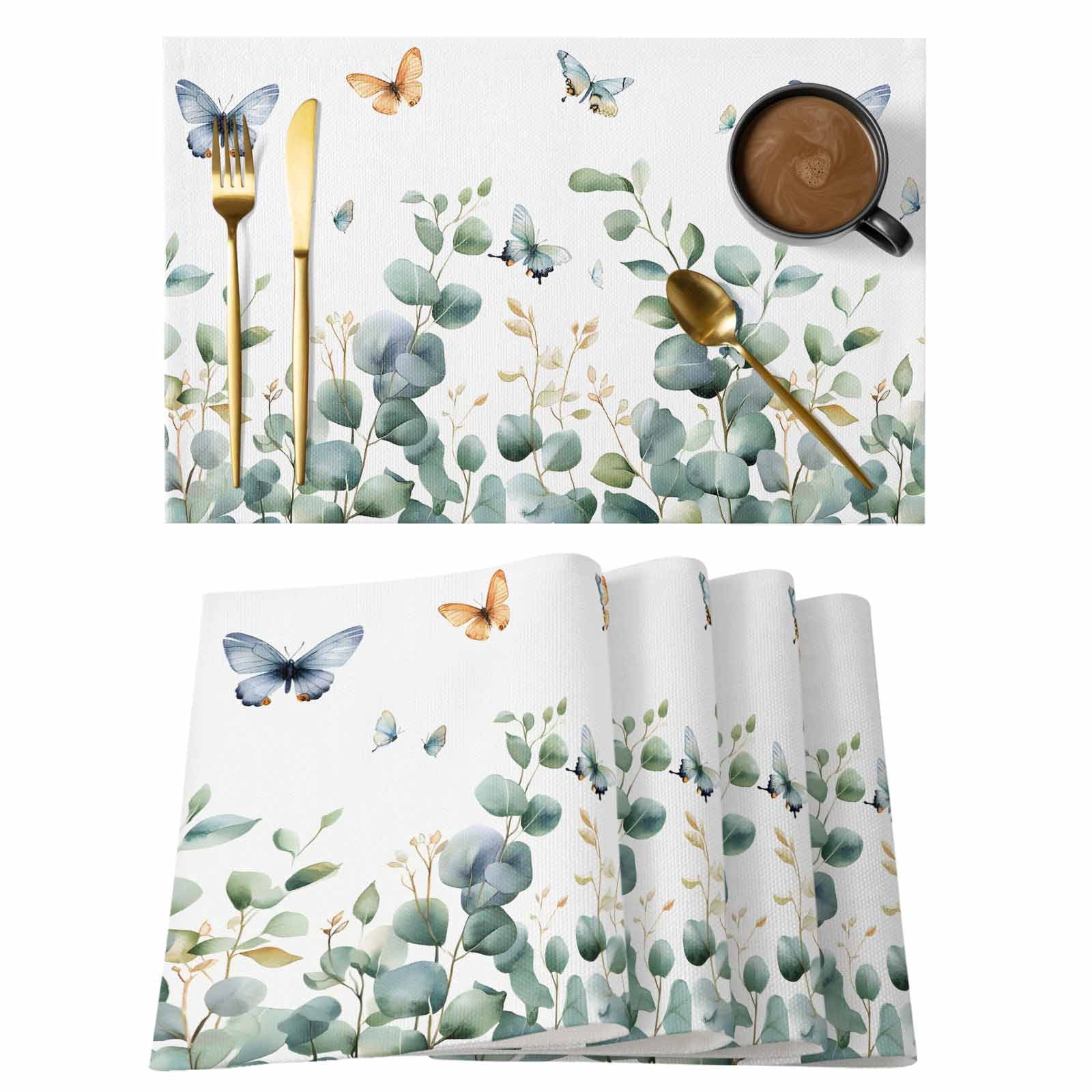 Spring Butterfly Placemats Set of 8, Green Eucalyptus Leaf Non-Slip ...