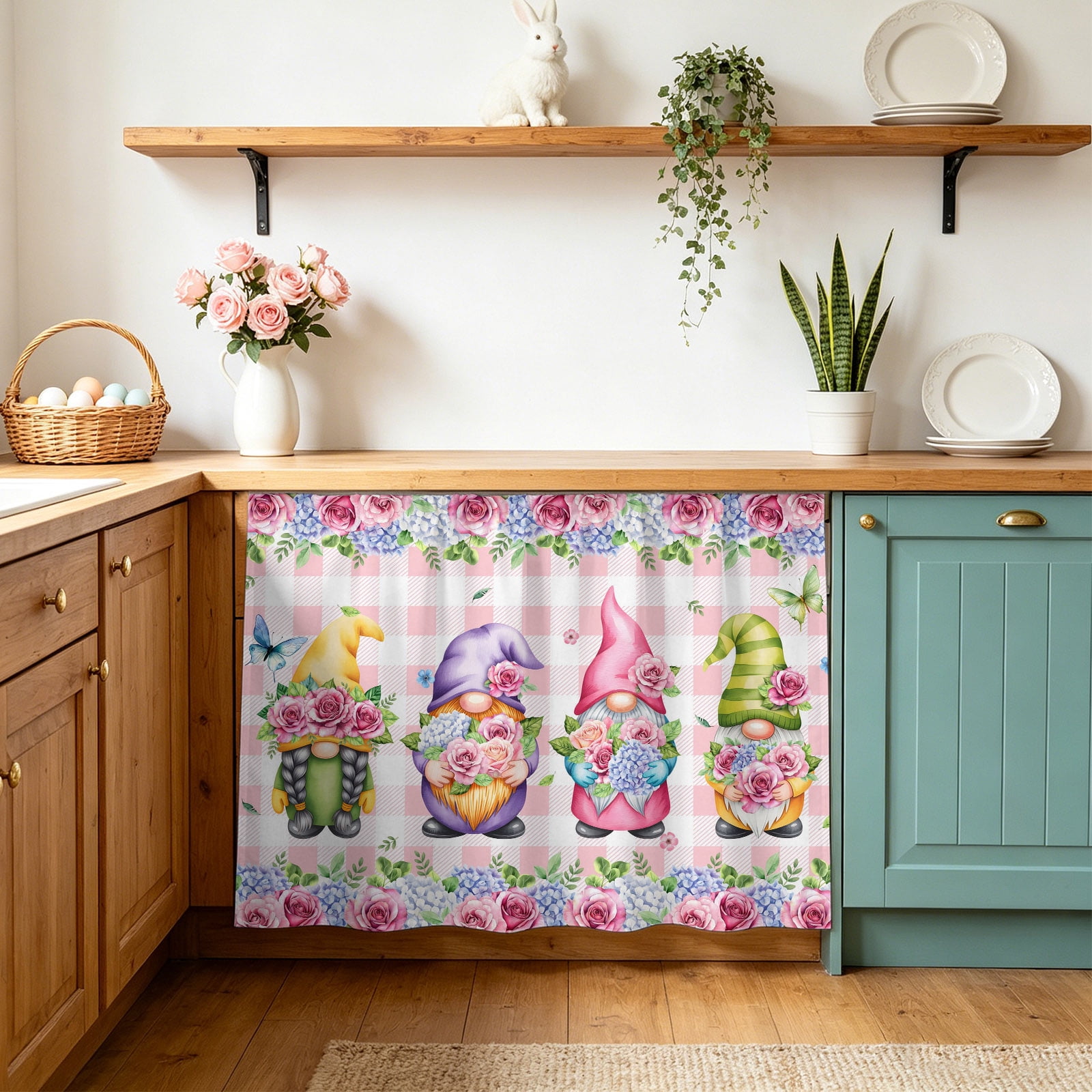 Spring Cabinet Curtains 11" W x 13" L, Purple Pink Green Rose Floral ...