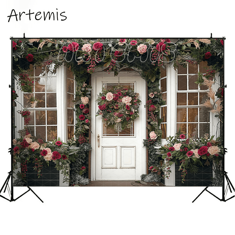 Spring Cake Smash Photography Backdrop Flowers Wooden Door Greenery ...