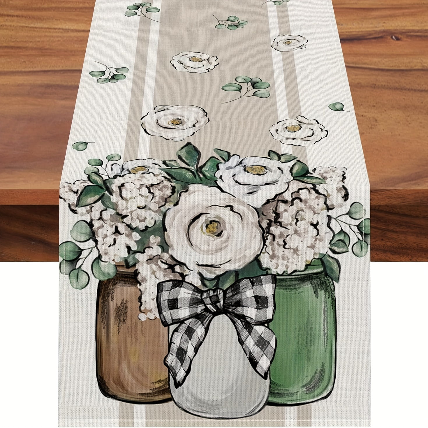 Spring Camellia Eucalyptus Leaves Linen Table Runners Floral Mason Jar ...
