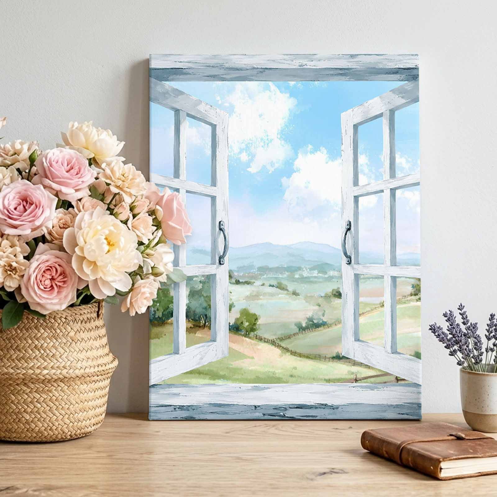 Spring Canvas Wall Art for Living Room, Rustic Open Window Watercolor ...