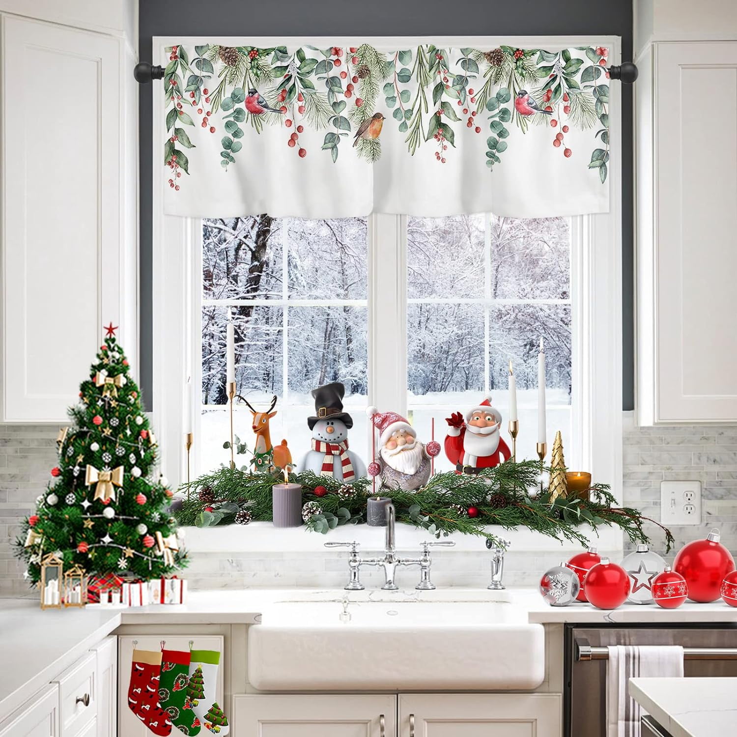Spring Cardinal Valance Kitchen Cafe Curtains,Berry Green Eucalyptus ...