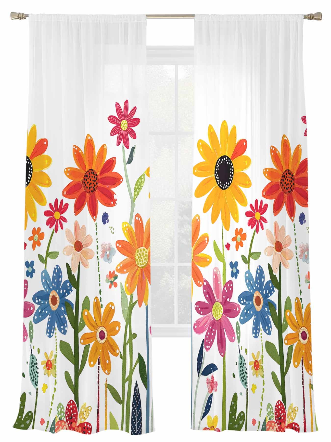 Spring Cartoon Sheer Curtains 2 Panels Set Multicolor Sunflower Cute ...