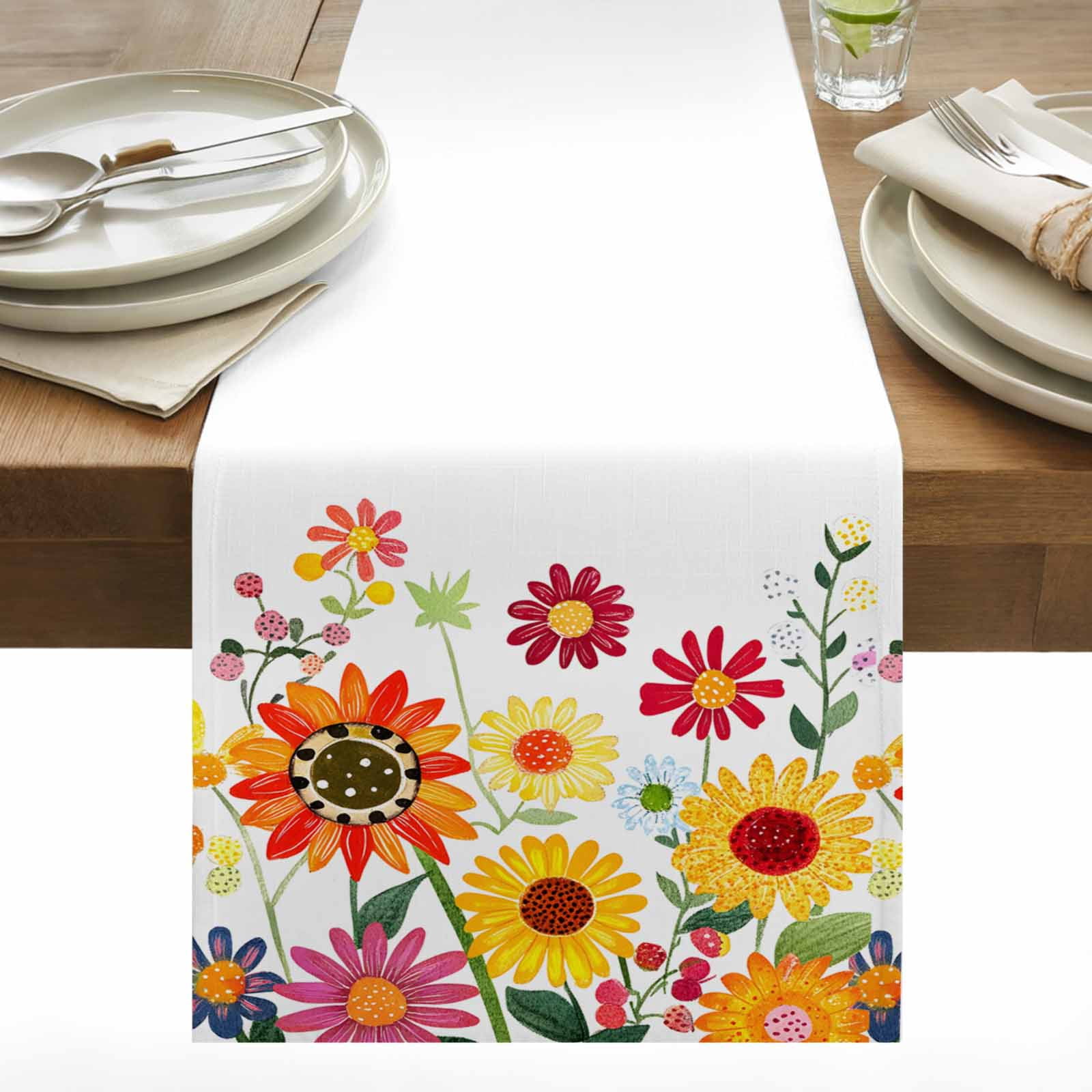 Spring Cartoon Table Runner 13x36 inch Multicolor Sunflower Cute Floral ...