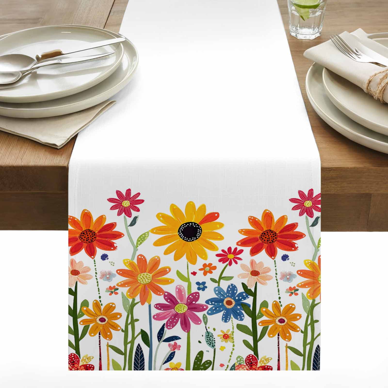 Spring Cartoon Table Runner 13x60 inch Multicolor Sunflower Cute Flower ...
