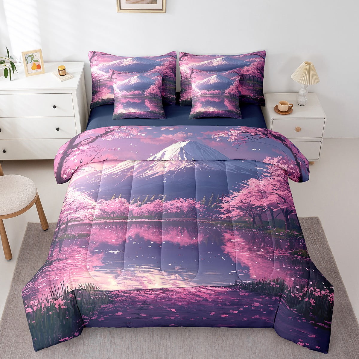 Spring Cherry Blossom Bedding Set Snow Mountain Polyester Bed in a Bag ...