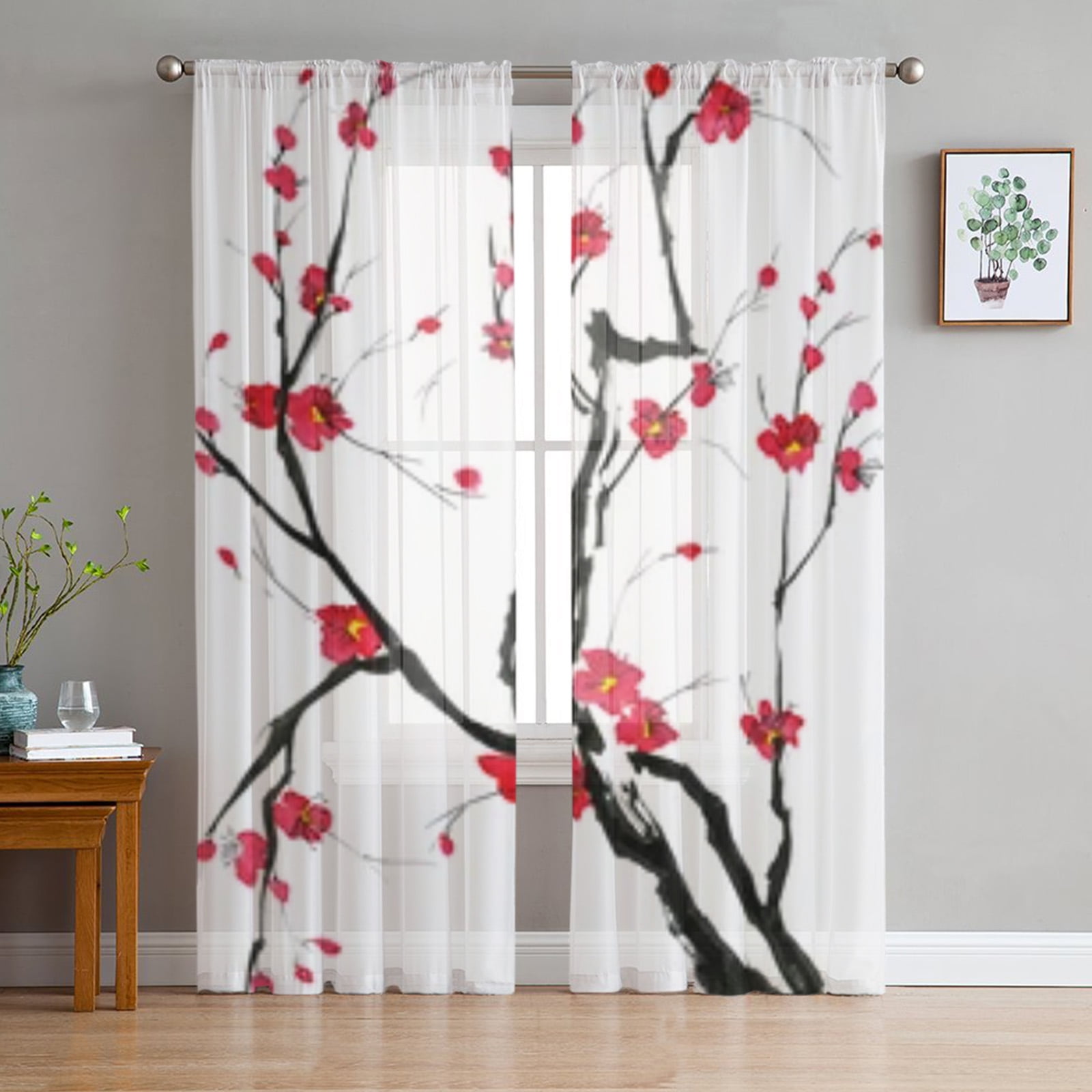 Spring Cherry Blossom Branch Sheer Curtains Window Tulle Curtains for ...