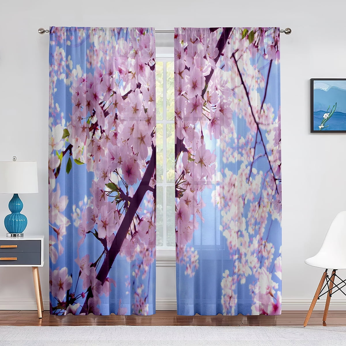 Spring Cherry Blossom Floral Pattern Tulle Curtain Window for Living ...